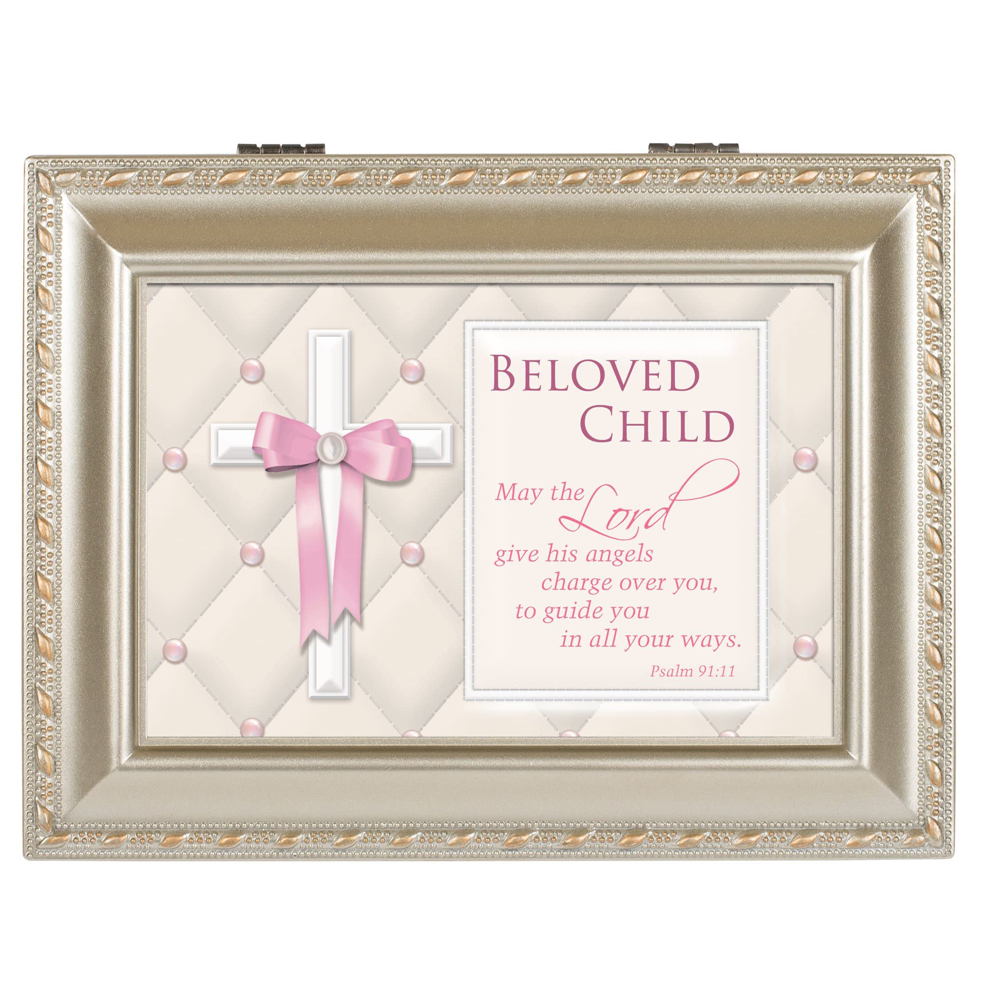 Cottage Garden Beloved Child Champagne Silver Rope Trim Music Box Plays Jesus Loves Me