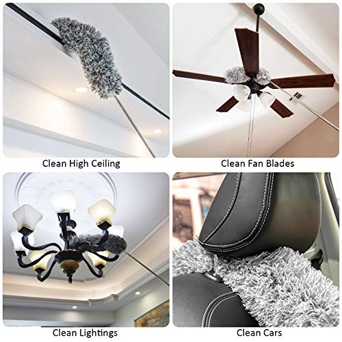 Uwilowe Microfiber Duster with Extension Pole 30 to 100"(Stainless Steel), with Bendable Head, Telescoping Extendable Long Dusters for Cleaning Ceiling Fan, Keyboard, Furniture, Cars
