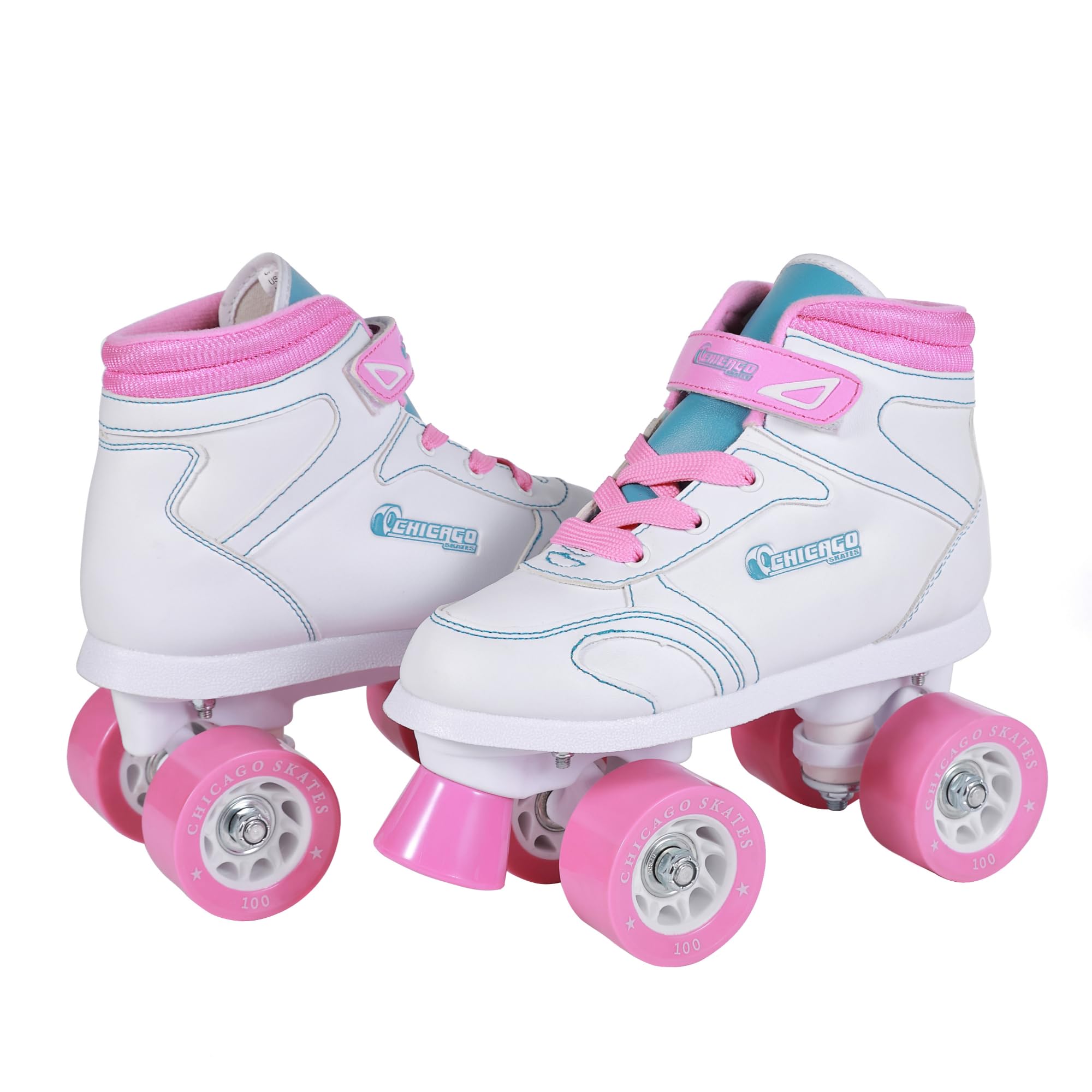 Chicago Girls Sidewalk Roller Skate - White Youth Quad Skates, High-Top Roller Skates for Kids, Beginner-Friendly with Durable Polyurethane Wheels, Indoor & Outdoor Roller Skating Size 1