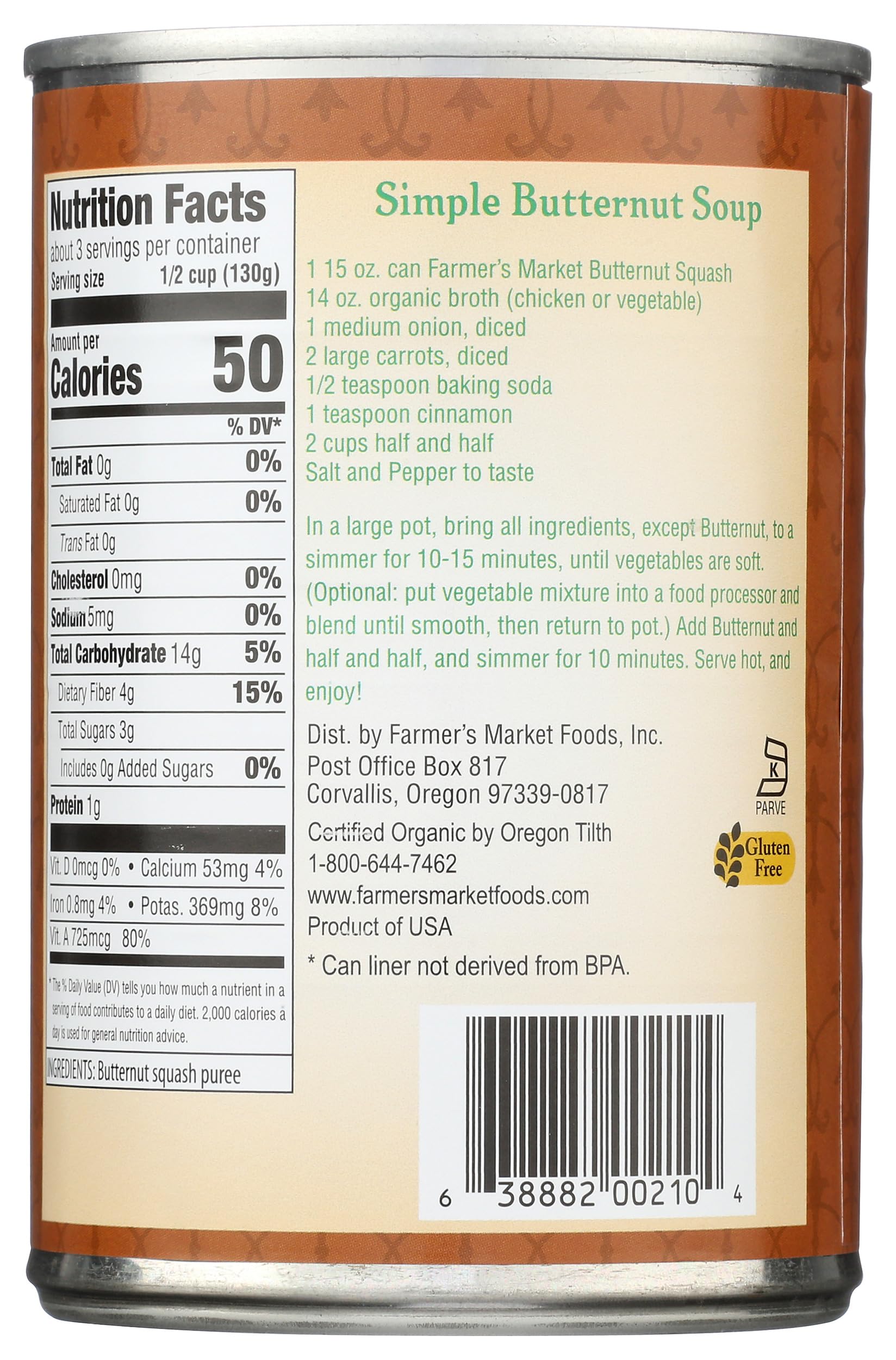 Farmer's Market Foods, Organic Canned Butternut Squash Puree, 15 oz