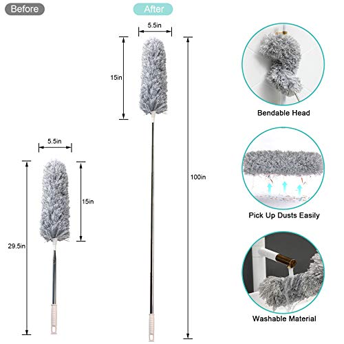 Uwilowe Microfiber Duster with Extension Pole 30 to 100"(Stainless Steel), with Bendable Head, Telescoping Extendable Long Dusters for Cleaning Ceiling Fan, Keyboard, Furniture, Cars