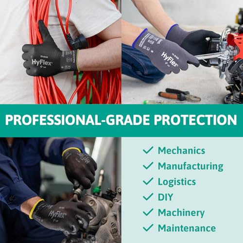 HyFlex 11-840 Ergonomic Abrasion-Resistant Nitrile Foam Industrial Gloves for Automotive, Fabrication, EMS, Utilities - Size 9, Black (12 Pairs)