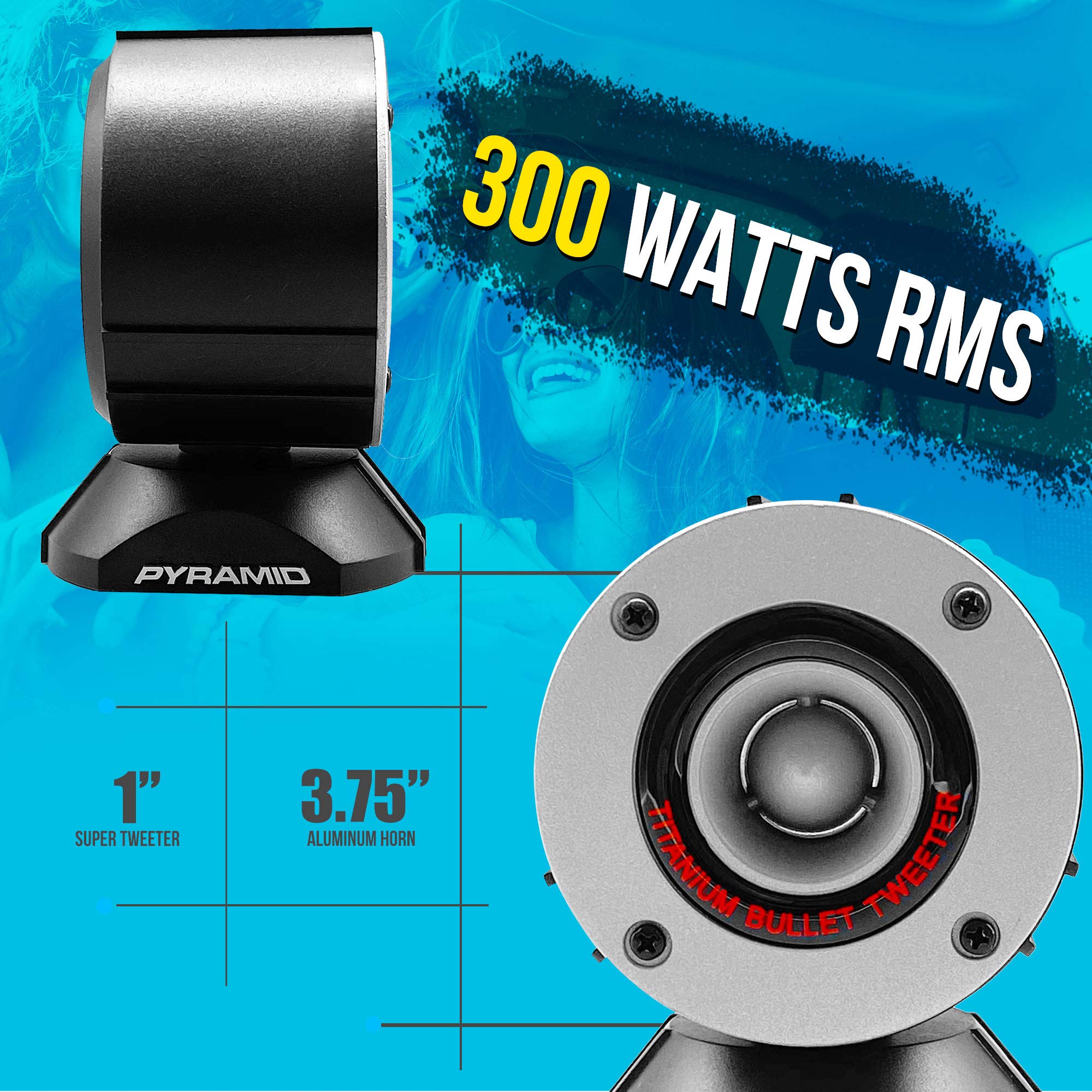 Pyramid 300 Watt Marine Tweeter Speaker - 3.75” Aluminum Bullet Horn w/ 1” Titanium Dome Tweeter, 2k-25kHz Frequency Response, 4 Ohm Impedance, Heavy Duty 20 Oz. Magnet Structure -TW28 (Pair)