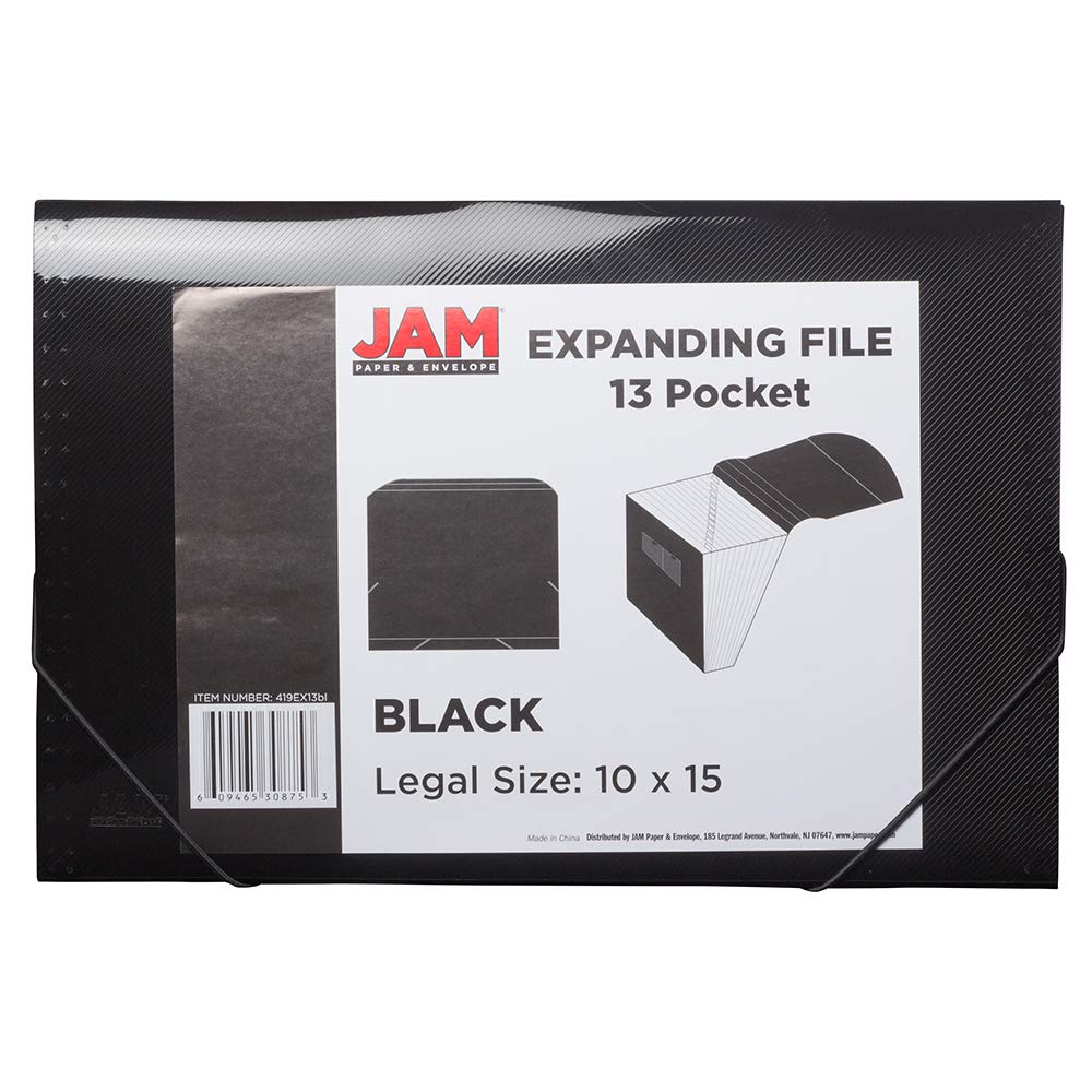 JAM PAPER Accordion Folders - 13 Pocket Plastic Expanding File - Legal Size - 10 x 15 - Black - Sold Individually