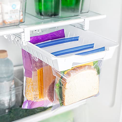 Smart Design Hanging Zip Bag Pull Out Refrigerator Drawer - BPA Free Plastic - Holds 11 Bags + Containers - Fridge, Freezer, Pantry Food Storage - Adjustable Extendable Organizer Kitchen - Clear
