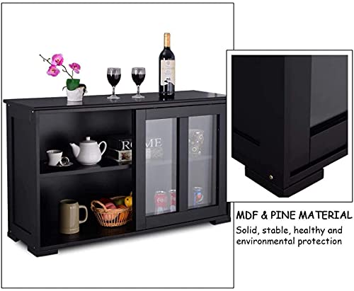FANTASK Kitchen Storage Cabinet Sideboard, Stackable Buffet w/Height-Adjustable Shelf & 2 Glass Sliding Doors, Accent Console Table for Kitchen Dining Living Room Hallway Office (Black)