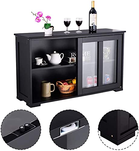 FANTASK Kitchen Storage Cabinet Sideboard, Stackable Buffet w/Height-Adjustable Shelf & 2 Glass Sliding Doors, Accent Console Table for Kitchen Dining Living Room Hallway Office (Black)