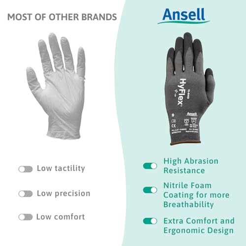 HyFlex 11-840 Ergonomic Abrasion-Resistant Nitrile Foam Industrial Gloves for Automotive, Fabrication, EMS, Utilities - Size 9, Black (12 Pairs)
