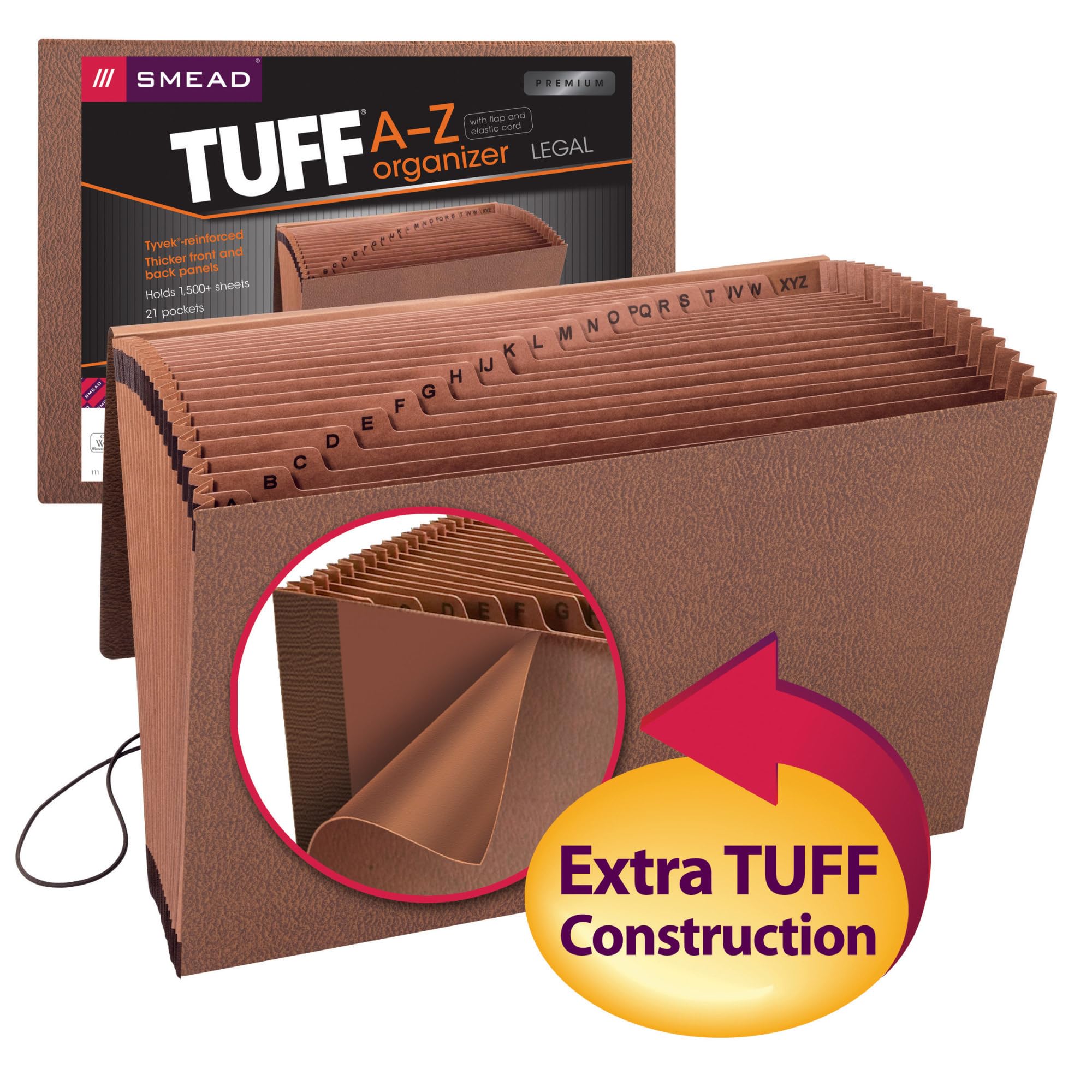 Smead TUFF Expanding File, 21 Pockets, Alphabetic (A-Z), Flap and Cord Closure, Legal Size, Redrope (70320), Pack of 1