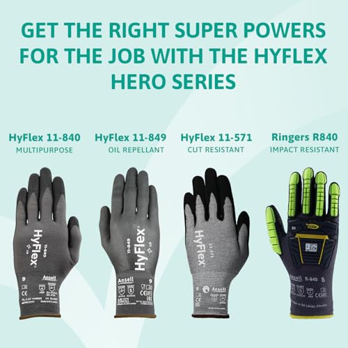 HyFlex 11-840 Ergonomic Abrasion-Resistant Nitrile Foam Industrial Gloves for Automotive, Fabrication, EMS, Utilities - Size 9, Black (12 Pairs)