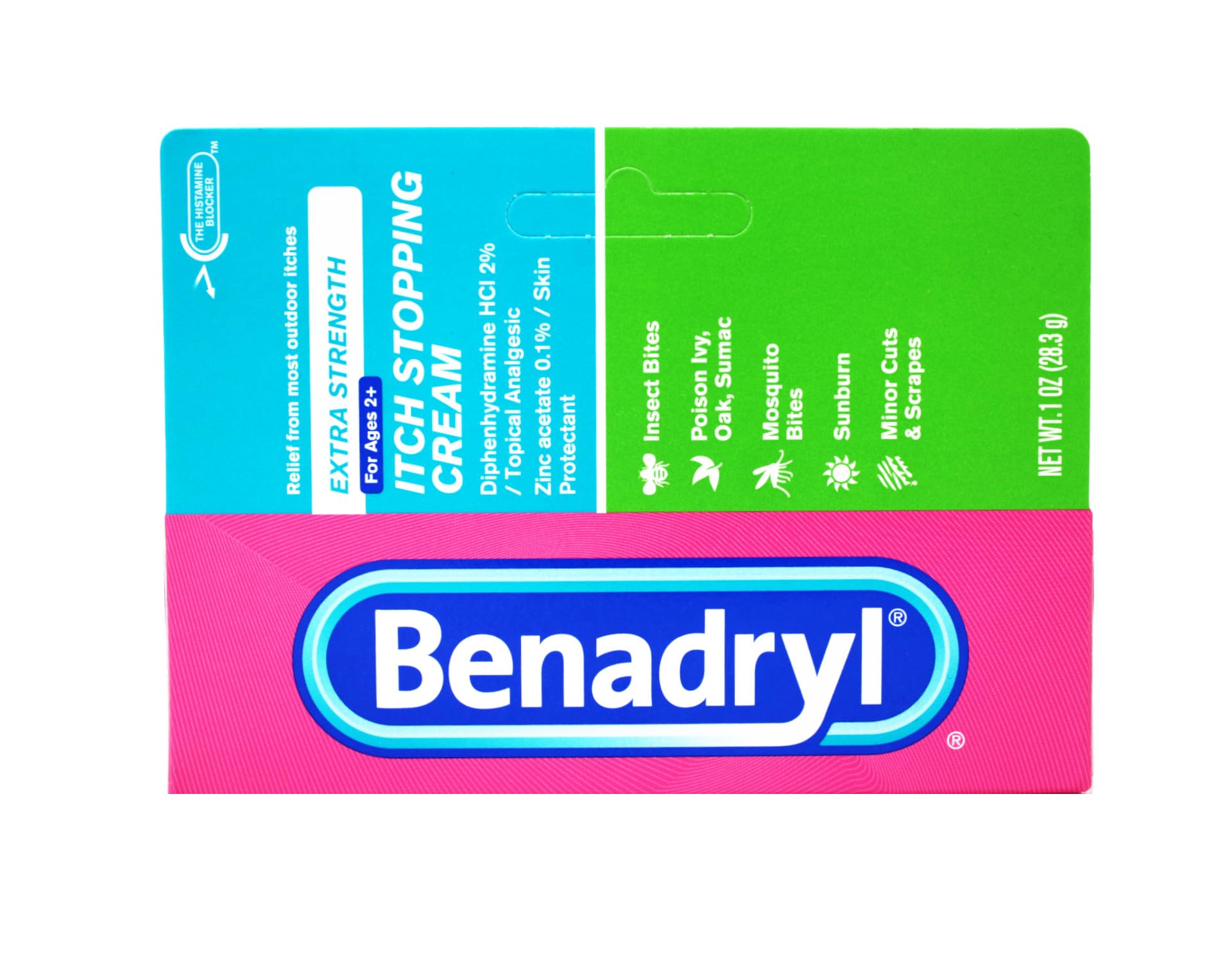 Benadryl Original Strength Anti-Itch Cream, Bug Bite Itch Relief, Diphenhydramine HCl Topical Analgesic & Zinc Acetate Skin Protectant, Great for Camping Essentials, 1 oz, 2 Pack