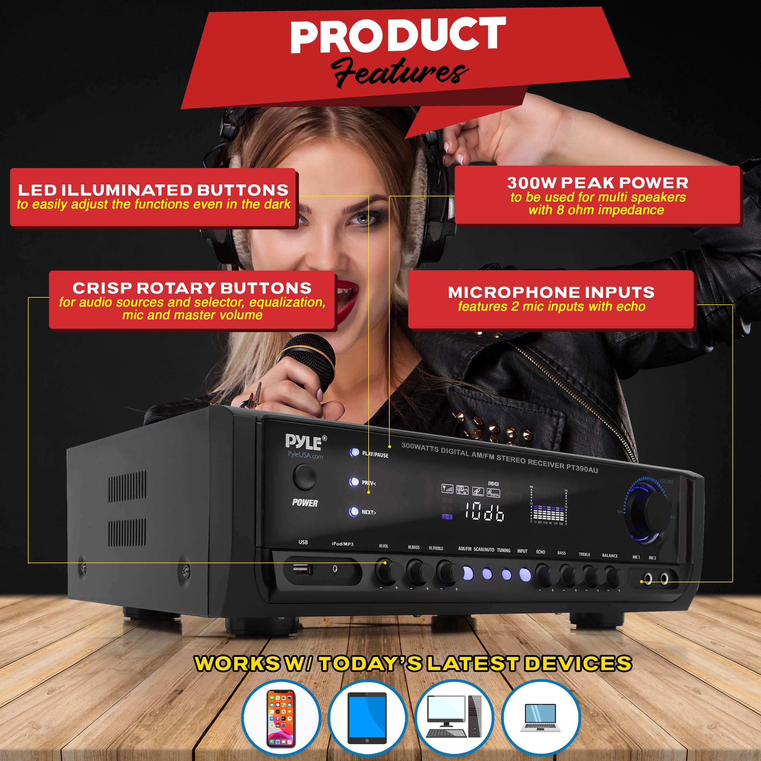 Home Audio Power Amplifier System - 300W 4 Channel Theater Power Stereo Sound Receiver Box Entertainment w/ USB, RCA, AUX, Mic w/ Echo, LED, Remote - For Speaker, iPhone, PA, Studio Use - Pyle PT390AU