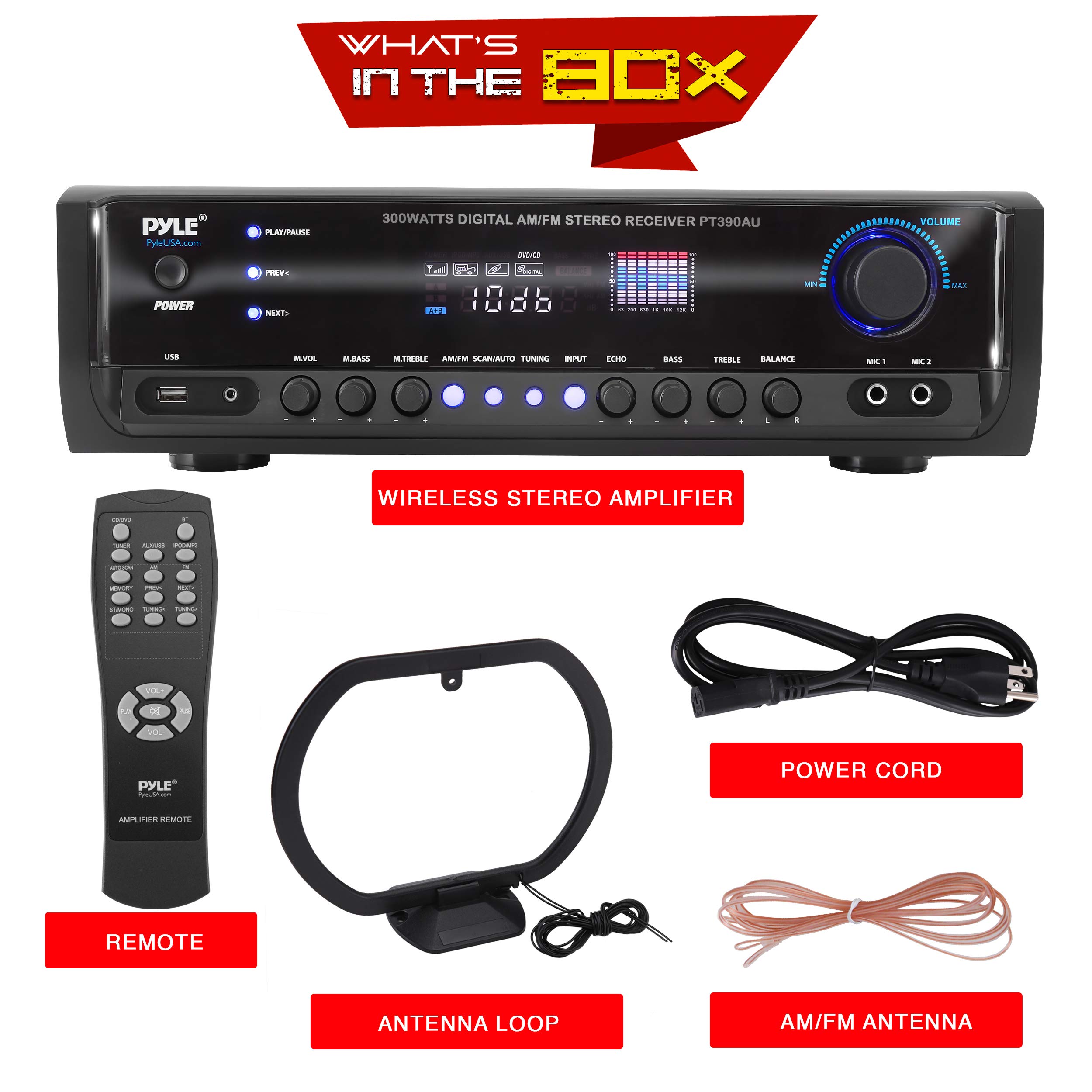 Home Audio Power Amplifier System - 300W 4 Channel Theater Power Stereo Sound Receiver Box Entertainment w/ USB, RCA, AUX, Mic w/ Echo, LED, Remote - For Speaker, iPhone, PA, Studio Use - Pyle PT390AU