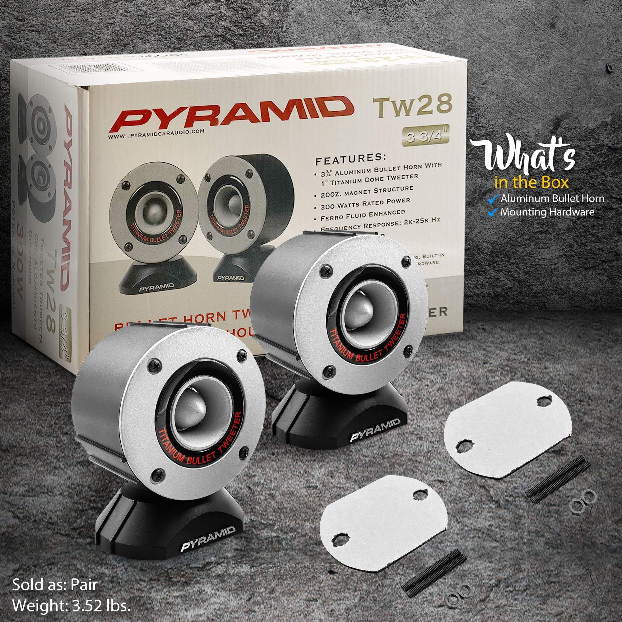 Pyramid 300 Watt Marine Tweeter Speaker - 3.75” Aluminum Bullet Horn w/ 1” Titanium Dome Tweeter, 2k-25kHz Frequency Response, 4 Ohm Impedance, Heavy Duty 20 Oz. Magnet Structure -TW28 (Pair)