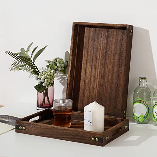 TOPZEA 3 Pack Wood Serving Tray, Rectangular Butler Serving Tray with Handle, Coffee Table Tray Decorative Ottoman Tray for Tea, Coffee, Breakfast, Table Centerpieces