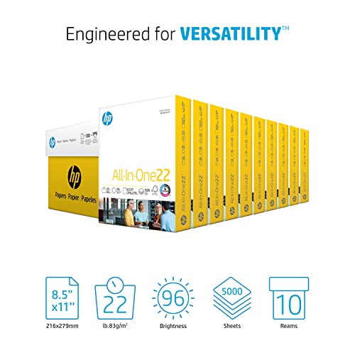 HP Printer Paper | 8.5 x 11 Paper | All-In-One 22 lb |10 Ream Case - 5,000 Sheets |96 Bright | Made in USA - FSC Certified |207010C