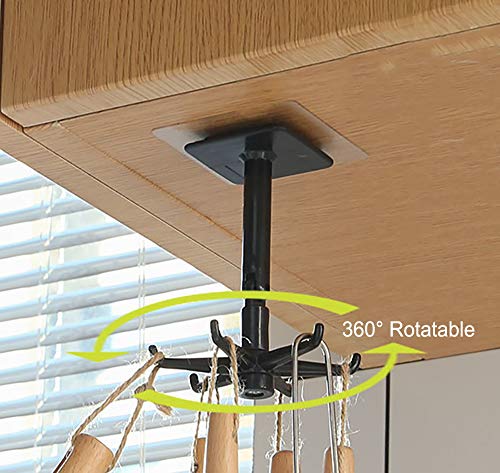 Kitchen Utensil Hanger with 6 Hooks, 2 Pack Under Cabinet Utensil Holder 360° Rotatable Kitchen Hooks Utensil Rack Space Saving No Drilling Nail Free Kitchen Utensil Organizer for Wall, Black