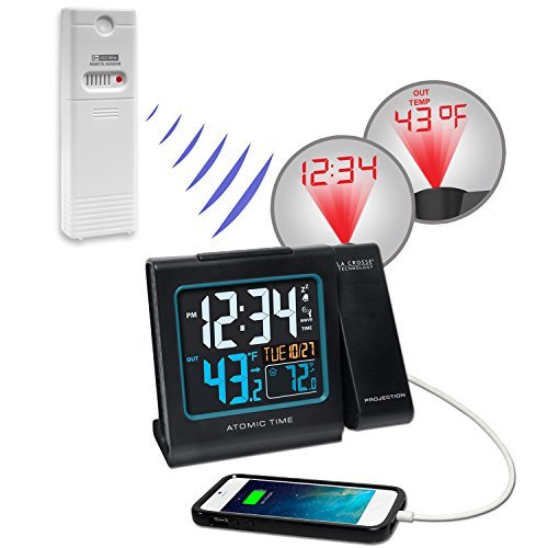 La Crosse Technology Color Projection Alarm Clock with Indoor/Outdoor Temperature & Charging USB Port, Wireless, Backlit, Black, 616-146