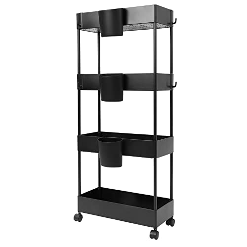 JAKAGO 4-Tier Utility Rolling Storage Cart Slim Mobile Shelves on Wheels Multi-Function Trolley with Mesh Basket Storage Organizer Rack for Kitchen Pantry Bathroom Laundry (Black)