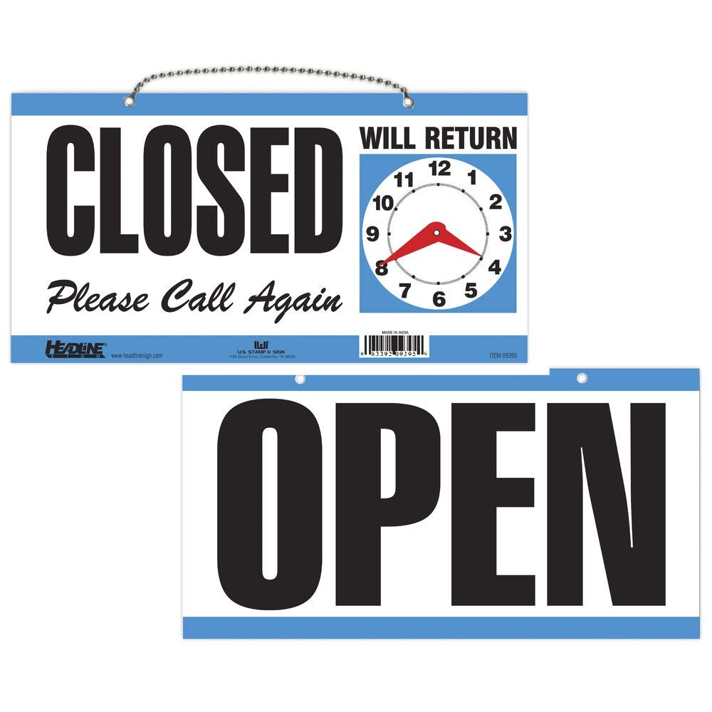 Headline Sign 9395 Double-Sided Open/Closed/Will Return Sign with Clock Hands, 6" x 11.5", Blue