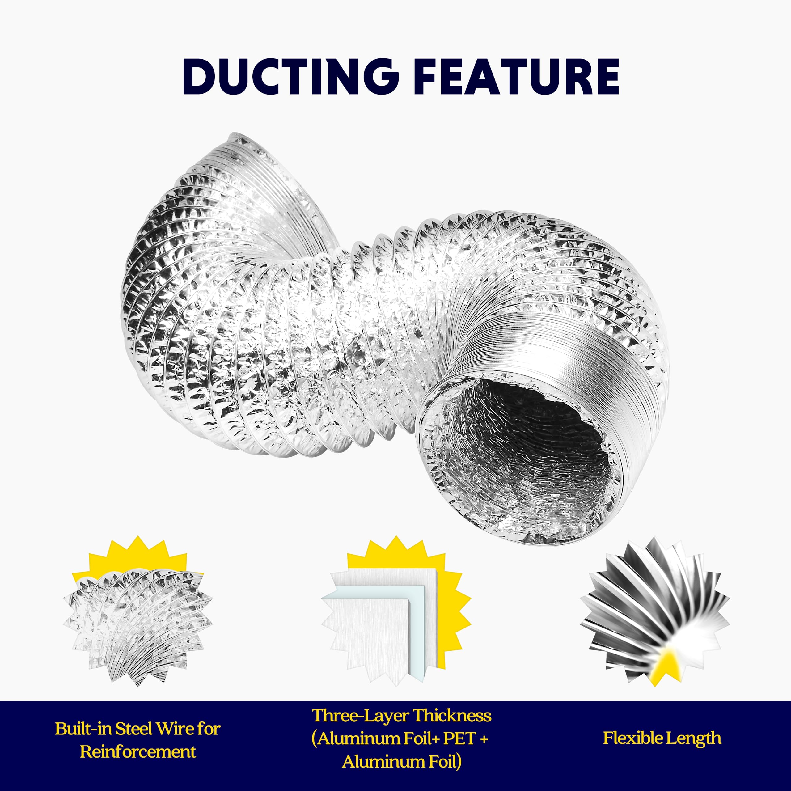 iPower GLDUCT4X8C 4 inch 8 feet Non-Insulated Flex Air Aluminum Foil Ducting Dryer Vent Hose for HVAC Ventilation with 2 Clamps, 4'' X 8', Silver