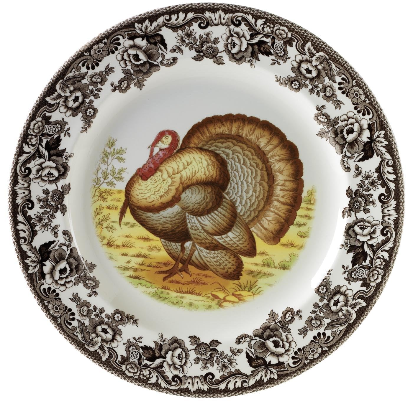 Spode Woodland 10.5" Dinner Plates, (Set of 4) - Turkey Design, Thanksgiving Tableware - Fine Earthenware, Dishwasher & Microwave Safe, Classic Floral Pattern - Hunting Cabin, Lodge, Cottage Décor