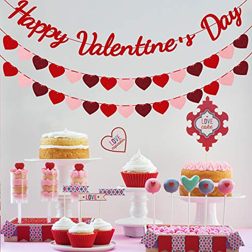 Happy Valentine's Day Felt Banner - No DIY Required - Valentines Decorations - Valentines Felt Heart Garland Banner - Valentine's Day Outdoor Indoor Home Hanging Decor
