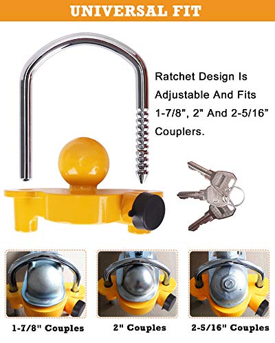 Turnart Trailer Lock, Hitch Lock, Trailer Hitch Lock, Trailer Coupler Lock, Trailer Tongue Lock, Adjustable, Heavy-Duty Steel, Universal Size Fits 1-7/8", 2", and 2-5/16" Couplers (Yellow-A)