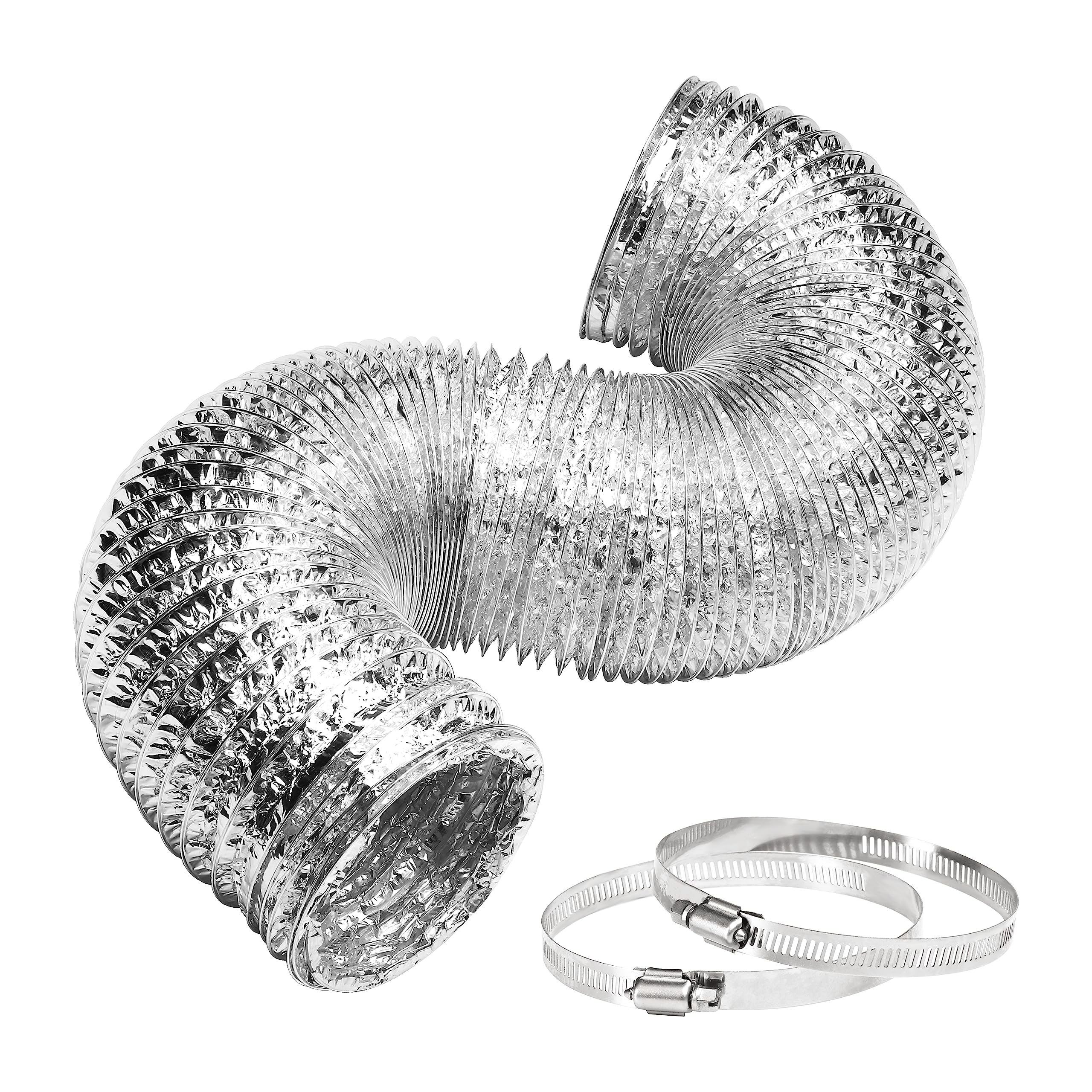 iPower GLDUCT4X8C 4 inch 8 feet Non-Insulated Flex Air Aluminum Foil Ducting Dryer Vent Hose for HVAC Ventilation with 2 Clamps, 4'' X 8', Silver