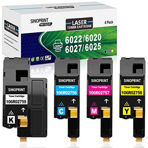 Phaser 6022, SINOPRINT Compatible 6020 Toner Cartridge Replacement for Xerox WorkCentre 6027 6025 Phaser 6020 6022 High Yield 106R02759 106R02756 106R02757 106R02758 (Black Cyan Yellow Magenta,4-Pack)