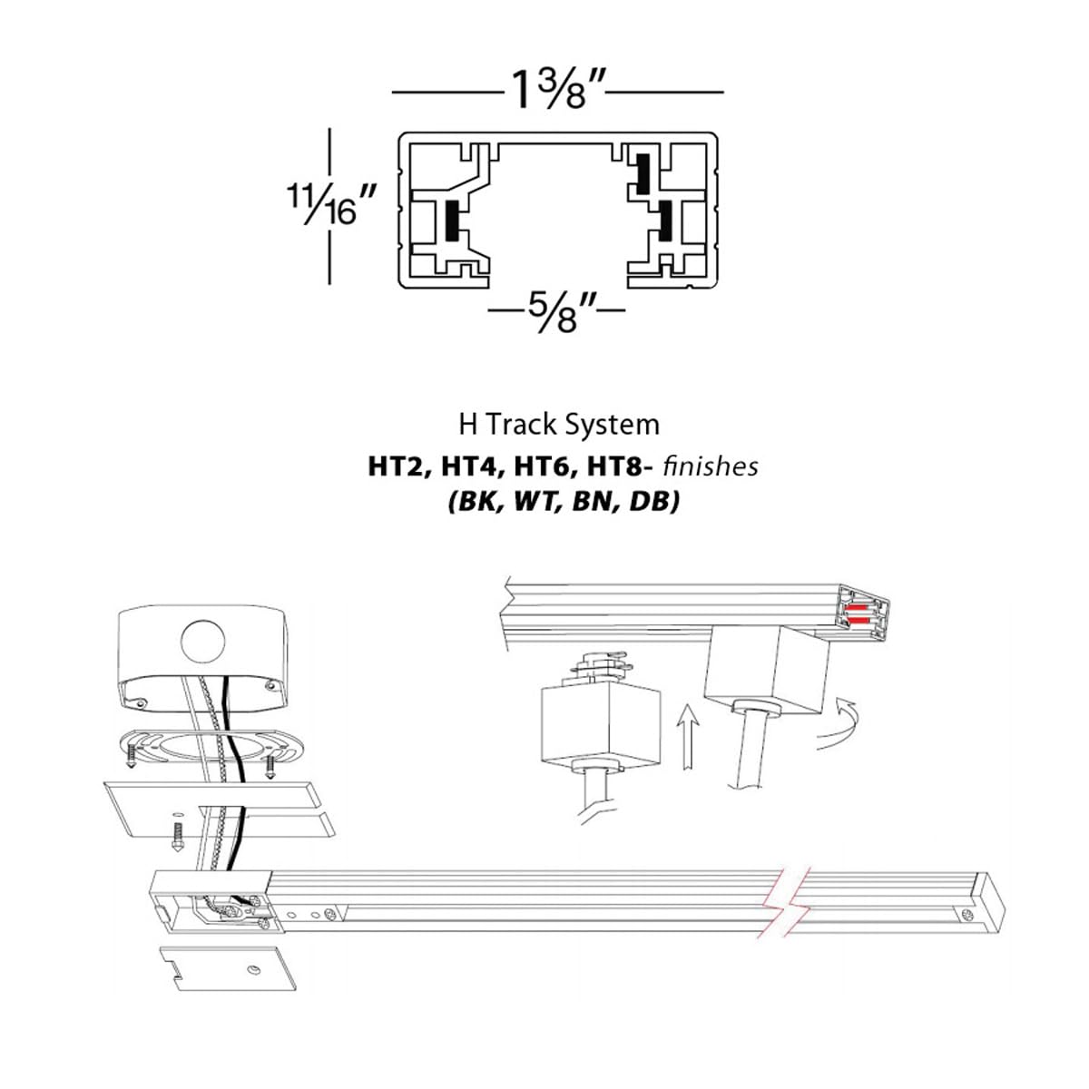 WAC Lighting H Track 8FT Single Circuit Field Cuttable 120V Track for H Style 3-Wire Track Fixtures with 2 Endcaps in White