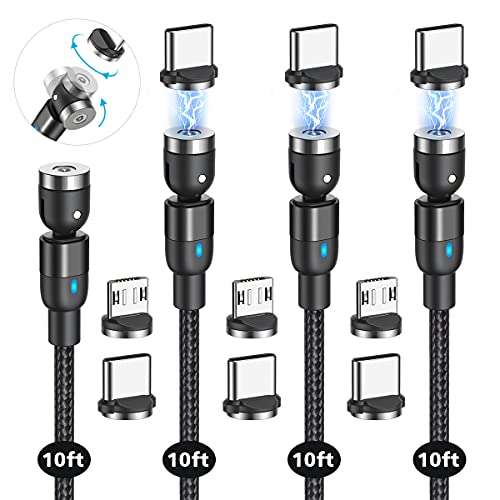 CJOY Magnetic Charging Cable(4 Pack 10ft+10ft+10ft+10ft), 540°Degree Rotation Magnetic USB Cable, Nylon Braided Magnetic Phone Charger, Charging Cable for Type C, Micro USB…