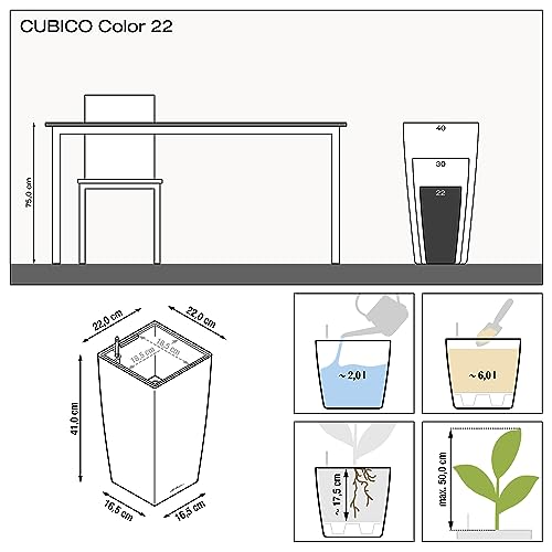 Lechuza 13164 Cubico Color 22 Self-Watering Planter for Indoor and Outdoor Use, 9" x 9" x 16", Slate Matte