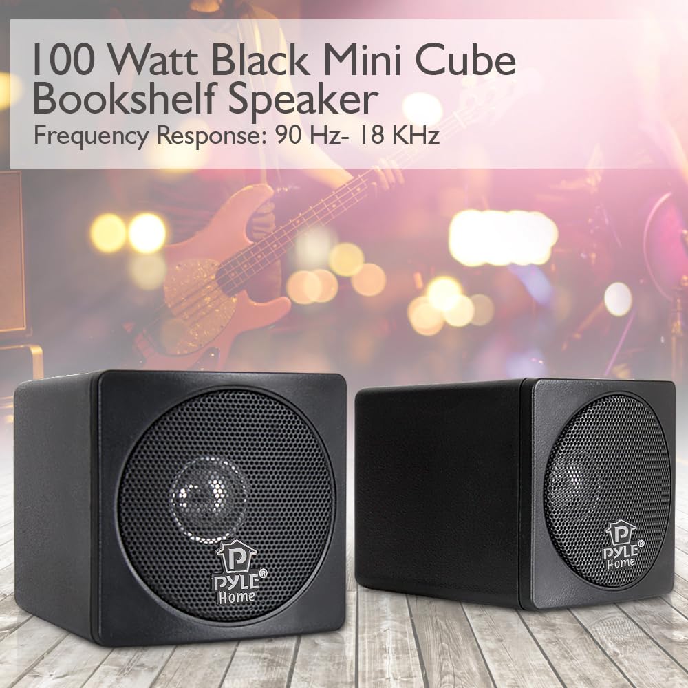 Pyle Home 3" Mini Cube Bookshelf Speakers - 100W Small Bookshelf Speakers w/ 3" Paper Cone Driver, 8 Ohm - Passive Audio Bookshelf Speaker Pair For Home Theater Stereo Surround Sound (Black)