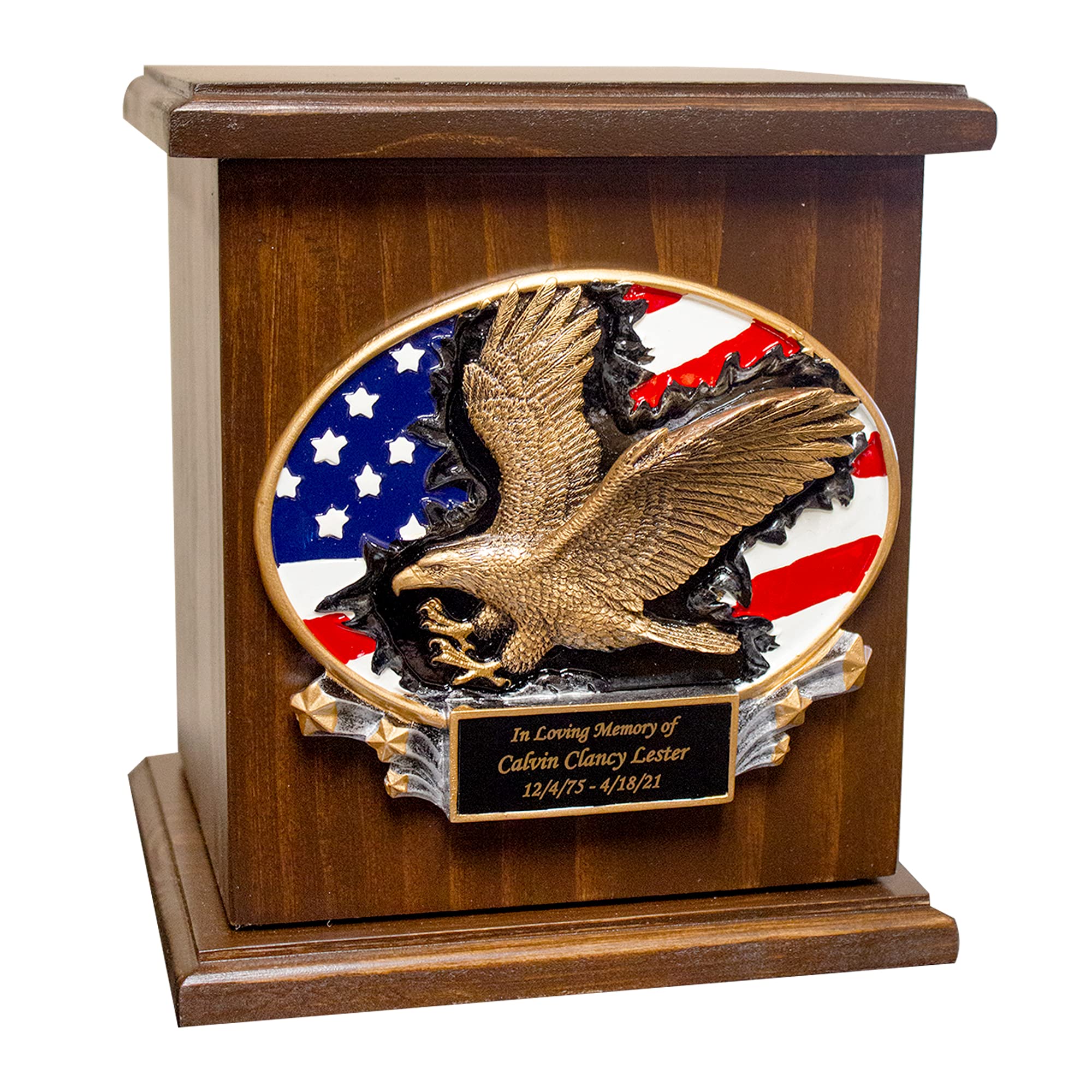 American Flag and Eagle Custom Engraved Large Wooden Cremation Urn