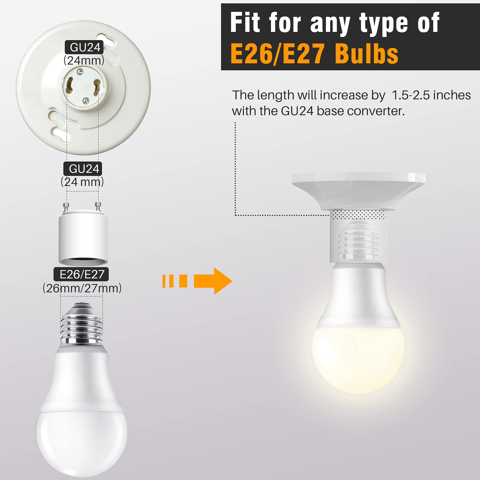 4 Pack JACKYLED GU24 to E26 E27 Adapter, Heat Resistant Up to 392℉ Fire Resistant Converts GU24 Bi-Pin Based Fixture to E26 E27 Standard Screw-in Socket