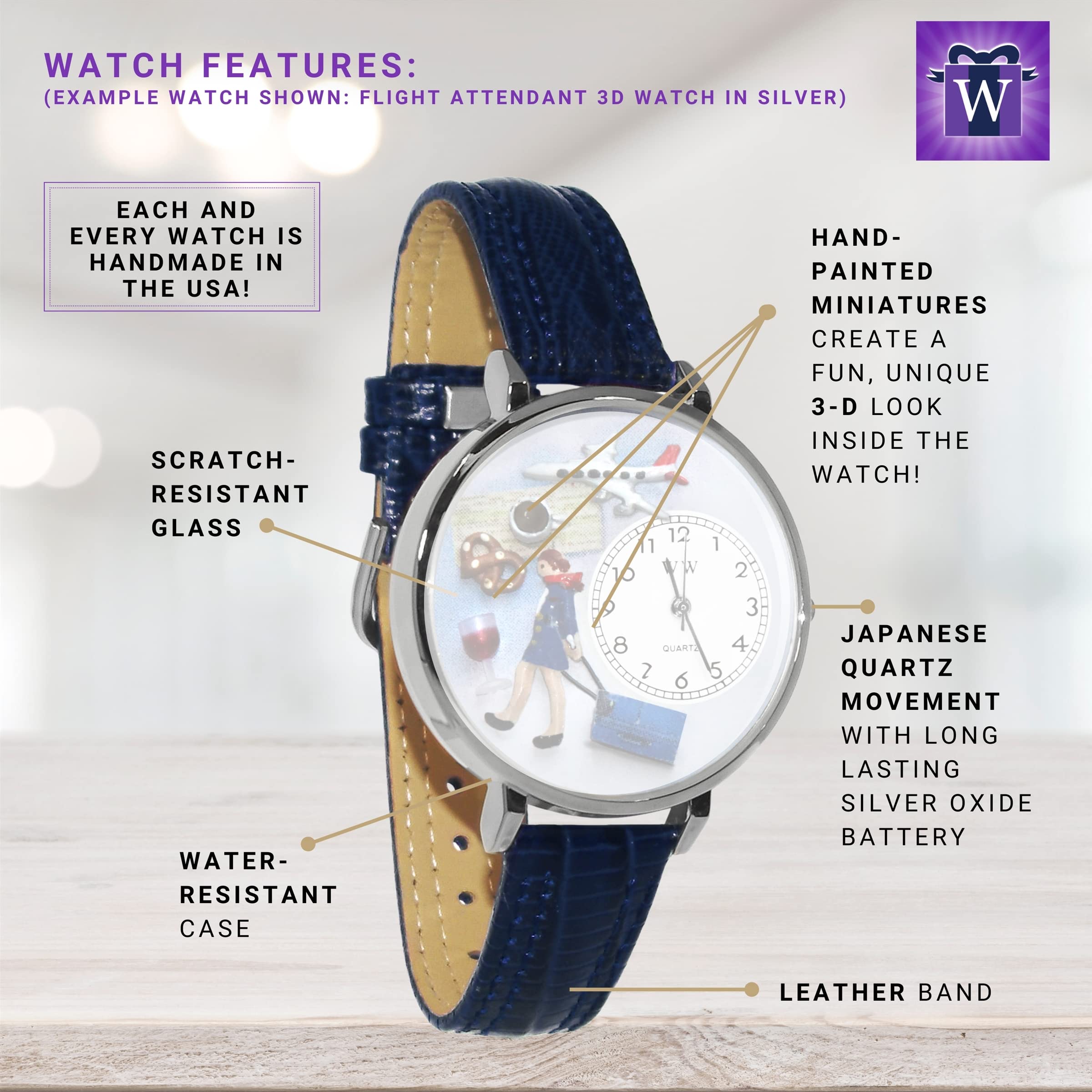 Whimsical Gifts Golden Retriever 3D Watch | Silver Finish Large | Unique Fun Novelty | Handmade in USA | Black Leather Watch Band