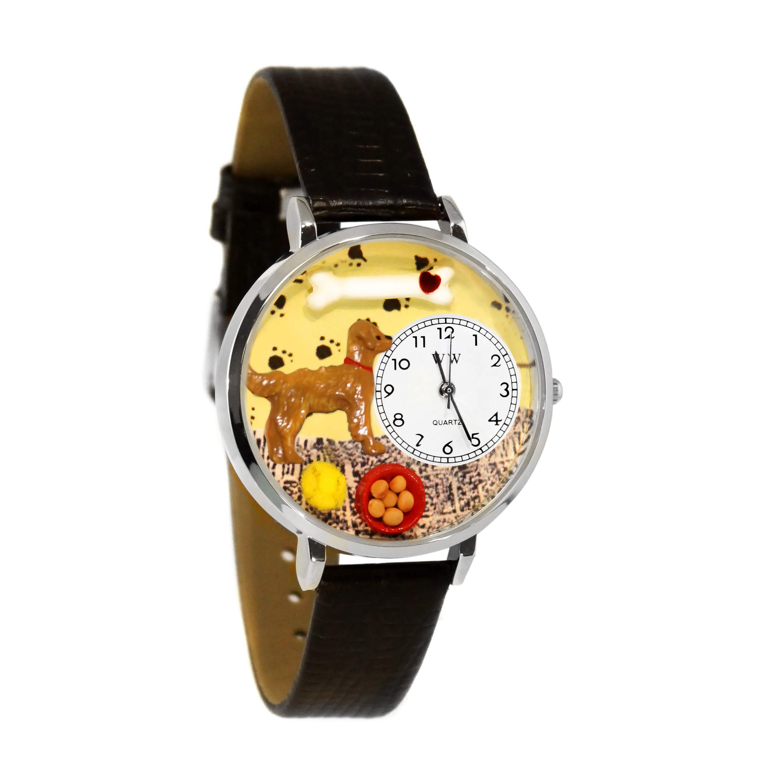 Whimsical Gifts Golden Retriever 3D Watch | Silver Finish Large | Unique Fun Novelty | Handmade in USA | Black Leather Watch Band