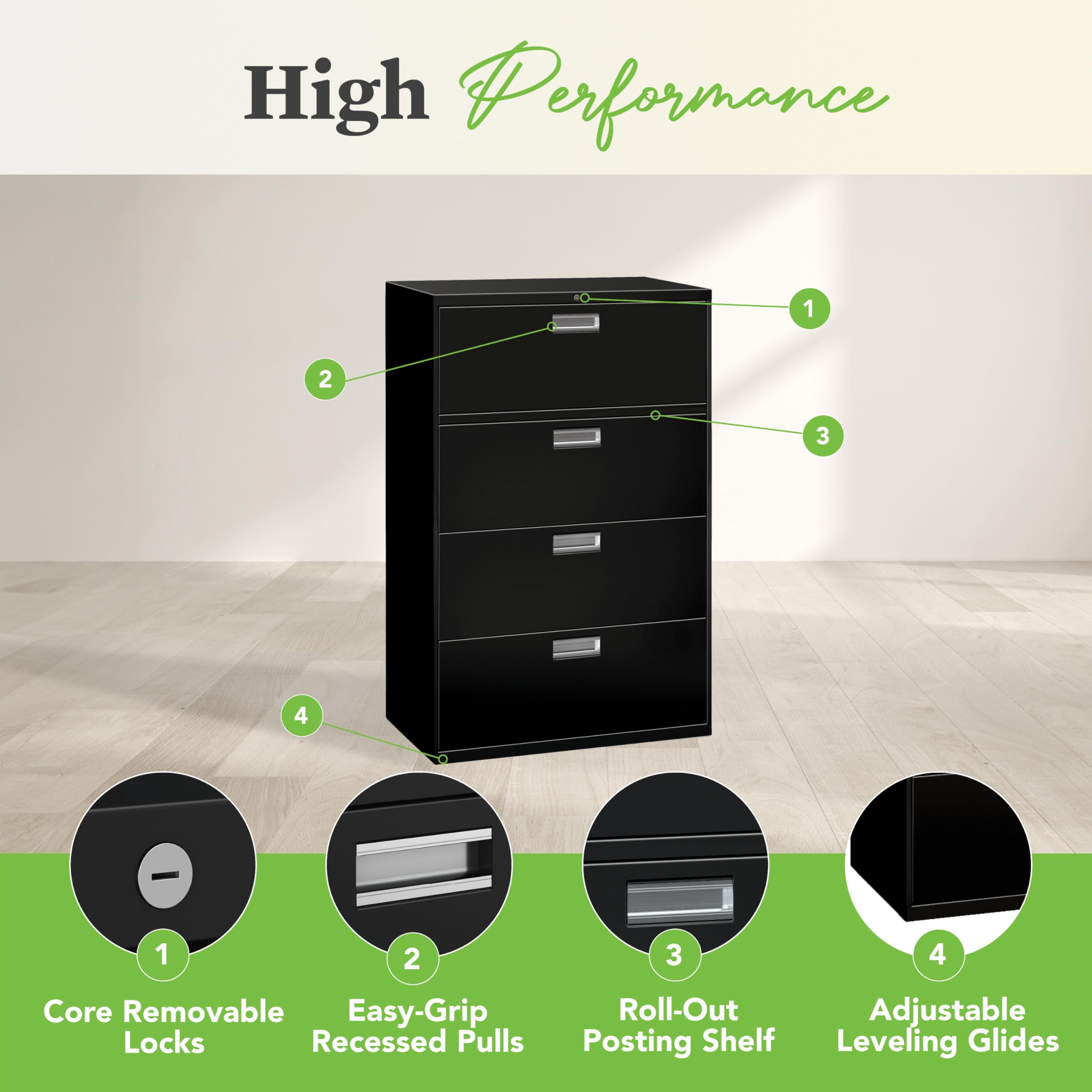 HON Adjustable Hangrails for A4, Legal, Letter Files Lock-600 Series Lateral Office Storage Locking Metal Cabinet 36" W x 18" D, 4 Drawers, Black