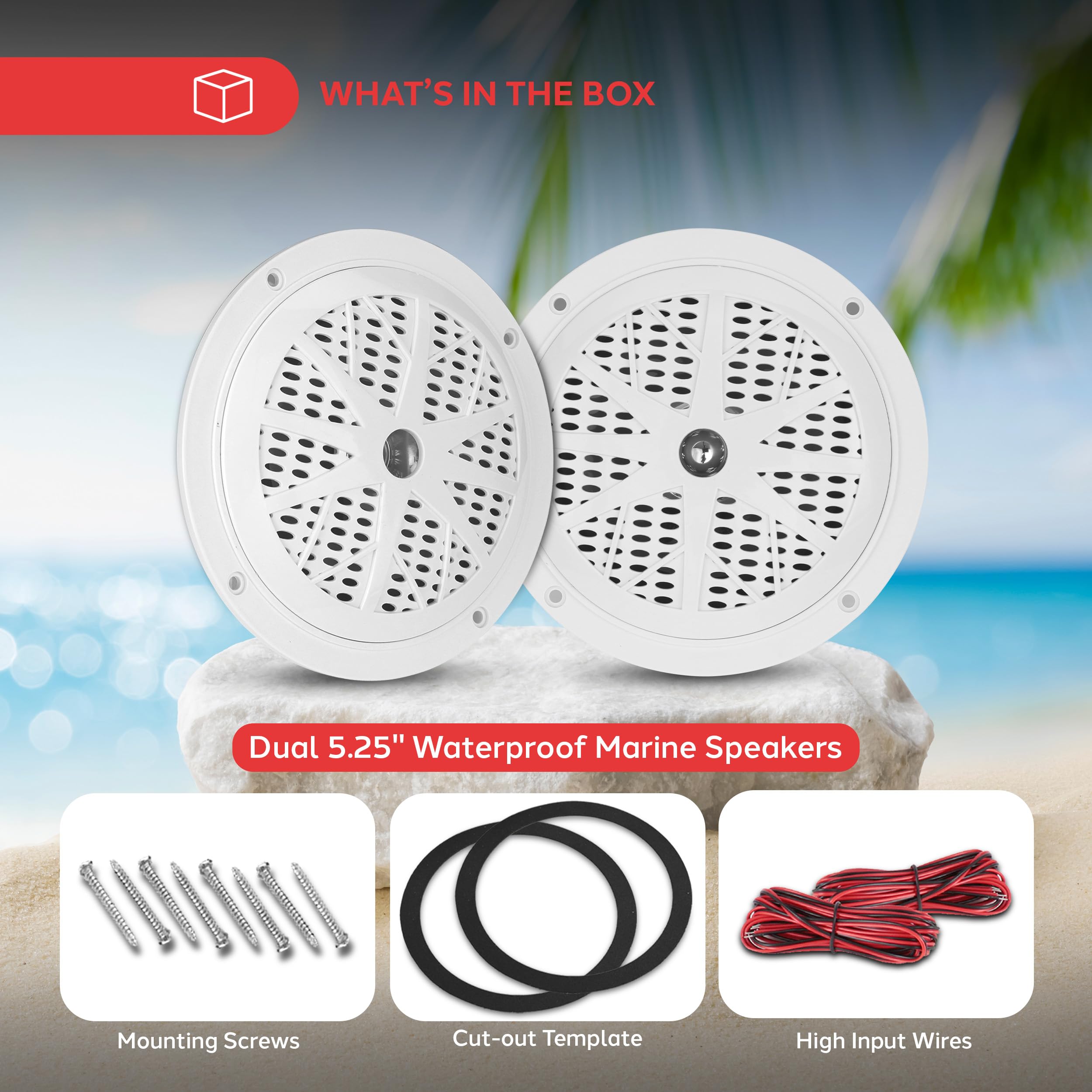 Pyle 5.25 Inch Dual Marine Speakers - 2 Way Waterproof and Weather Resistant Outdoor Audio Stereo Sound System with 100 Watt Power, Polypropylene Cone and Cloth Surround - 1 Pair - PLMR51W (White)