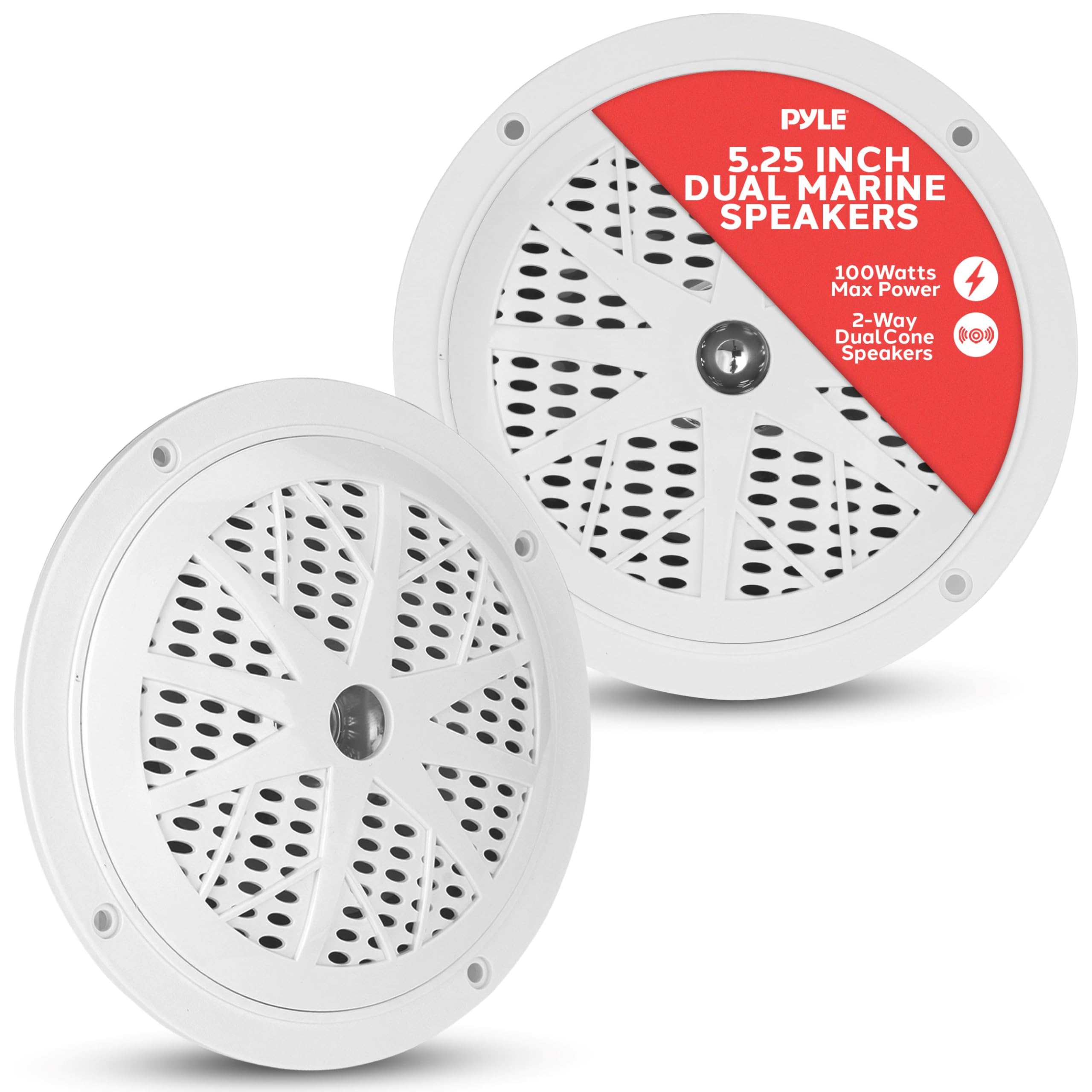 Pyle 5.25 Inch Dual Marine Speakers - 2 Way Waterproof and Weather Resistant Outdoor Audio Stereo Sound System with 100 Watt Power, Polypropylene Cone and Cloth Surround - 1 Pair - PLMR51W (White)