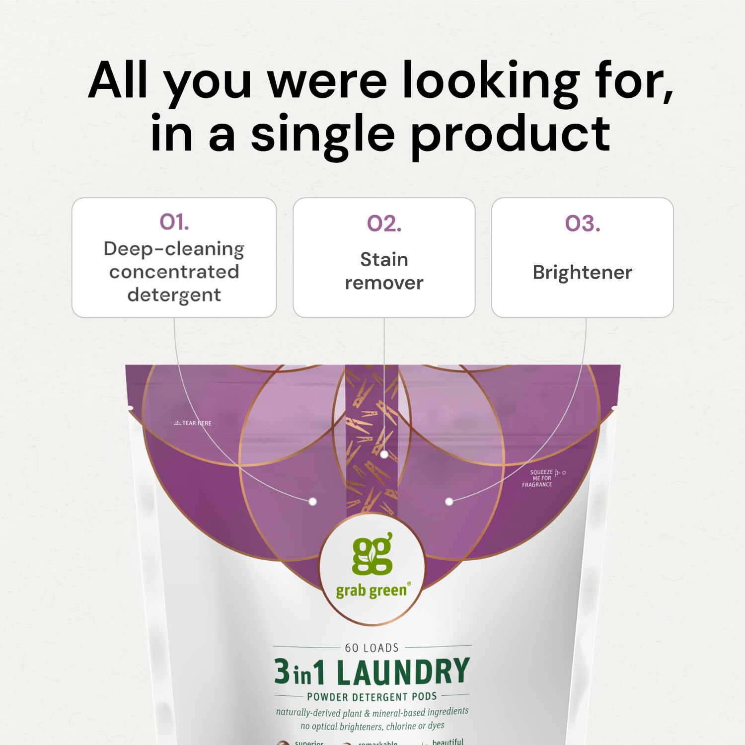 Grab Green 3-in-1 Laundry Detergent Pods, 24 Count, Lavender Vanilla Scent, Plant and Mineral Based, Superior Cleaning Power, Stain Remover, Brightens Clothes