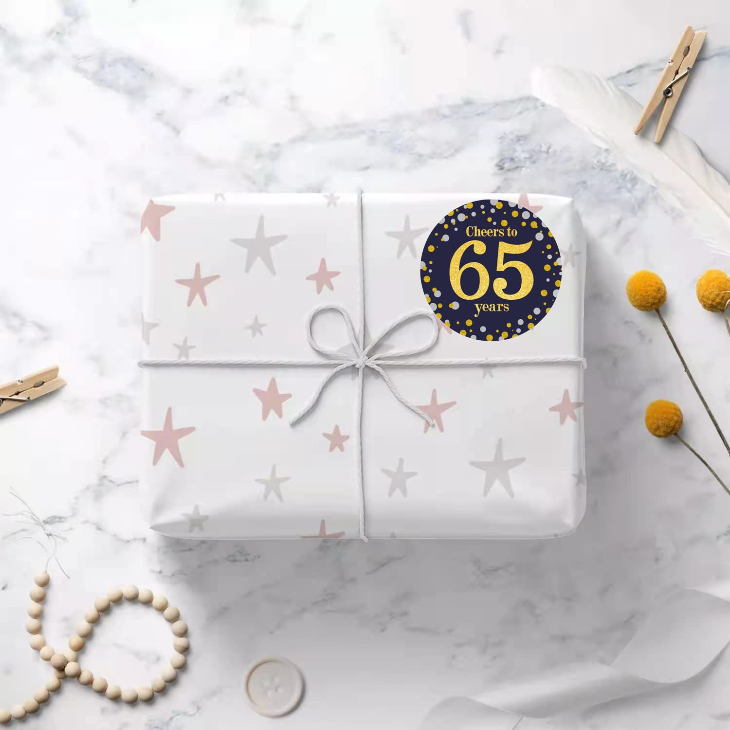 Black and Gold Cheers to 65 Years Sticker Labels - 65th Birthday Party Favor Stickers - 2 in - 50 Count