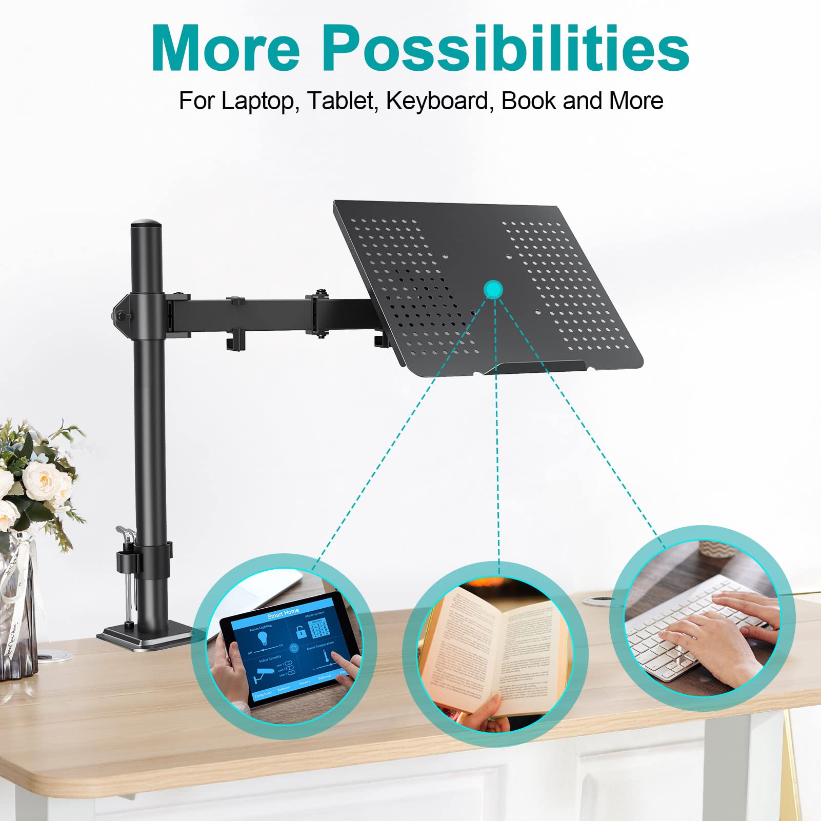 MOUNT PRO Single Laptop Mount with Tray for Laptop up to 17 inches, Holds Up to 17.6lbs, Fully Adjustable Notebook/Laptop Desk Mount Stand, Heavy Duty Laptop Arm Mount with Clamp and Grommet Base