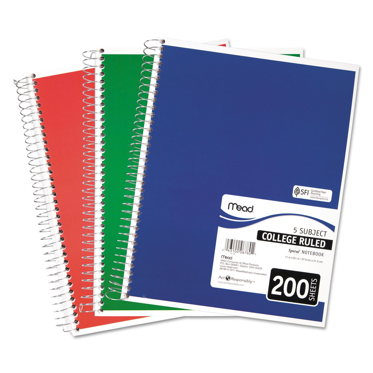 Mead Spiral Notebook, College Ruled Paper, 11" x 8", 200 Sheets, Assorted Colors, 1 Count (06780)