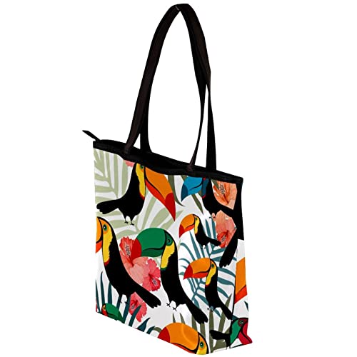Women's Large Size Canvas Shoulder Bag Hobo Crossbody Handbag Casual Tote, Tropical Animal Parrot Hawaiian Flower