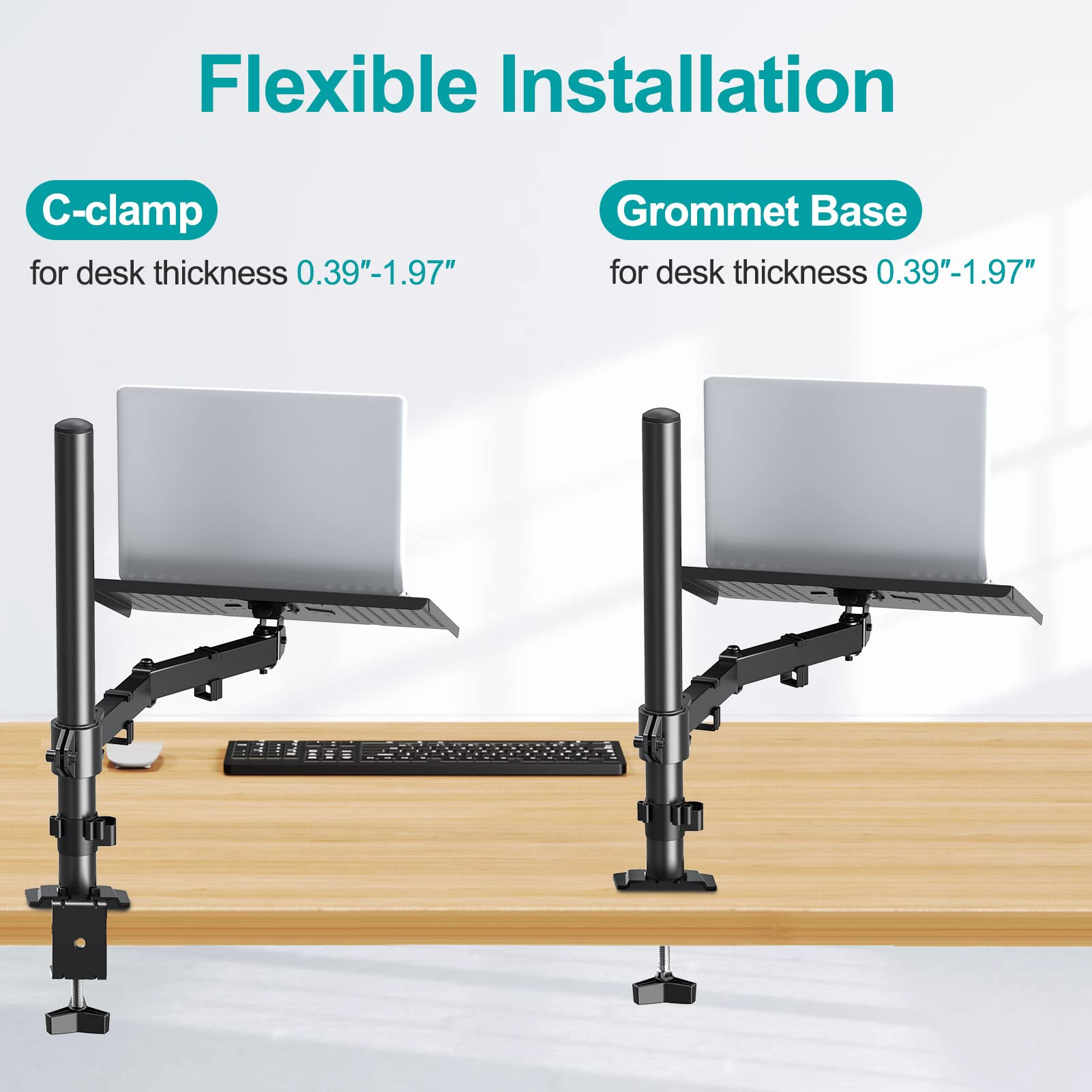 MOUNT PRO Single Laptop Mount with Tray for Laptop up to 17 inches, Holds Up to 17.6lbs, Fully Adjustable Notebook/Laptop Desk Mount Stand, Heavy Duty Laptop Arm Mount with Clamp and Grommet Base