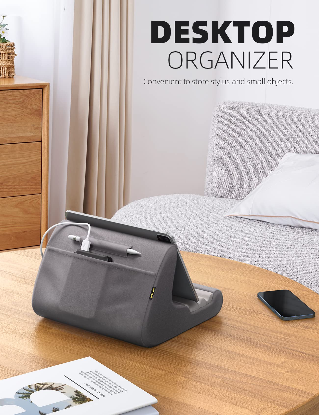 Lamicall Tablet Stand, Tablet Pillow Holder - Soft Pad for Bed, Lap Tablet Dock with Stylus Mount & Pocket, for iPad Pro 12.9, Air, Mini, Kindle, Galaxy Tab and 4-13" Tablet, Dark Grey