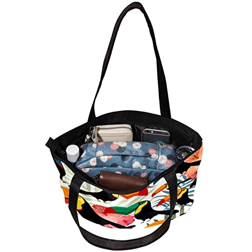 Women's Large Size Canvas Shoulder Bag Hobo Crossbody Handbag Casual Tote, Tropical Animal Parrot Hawaiian Flower