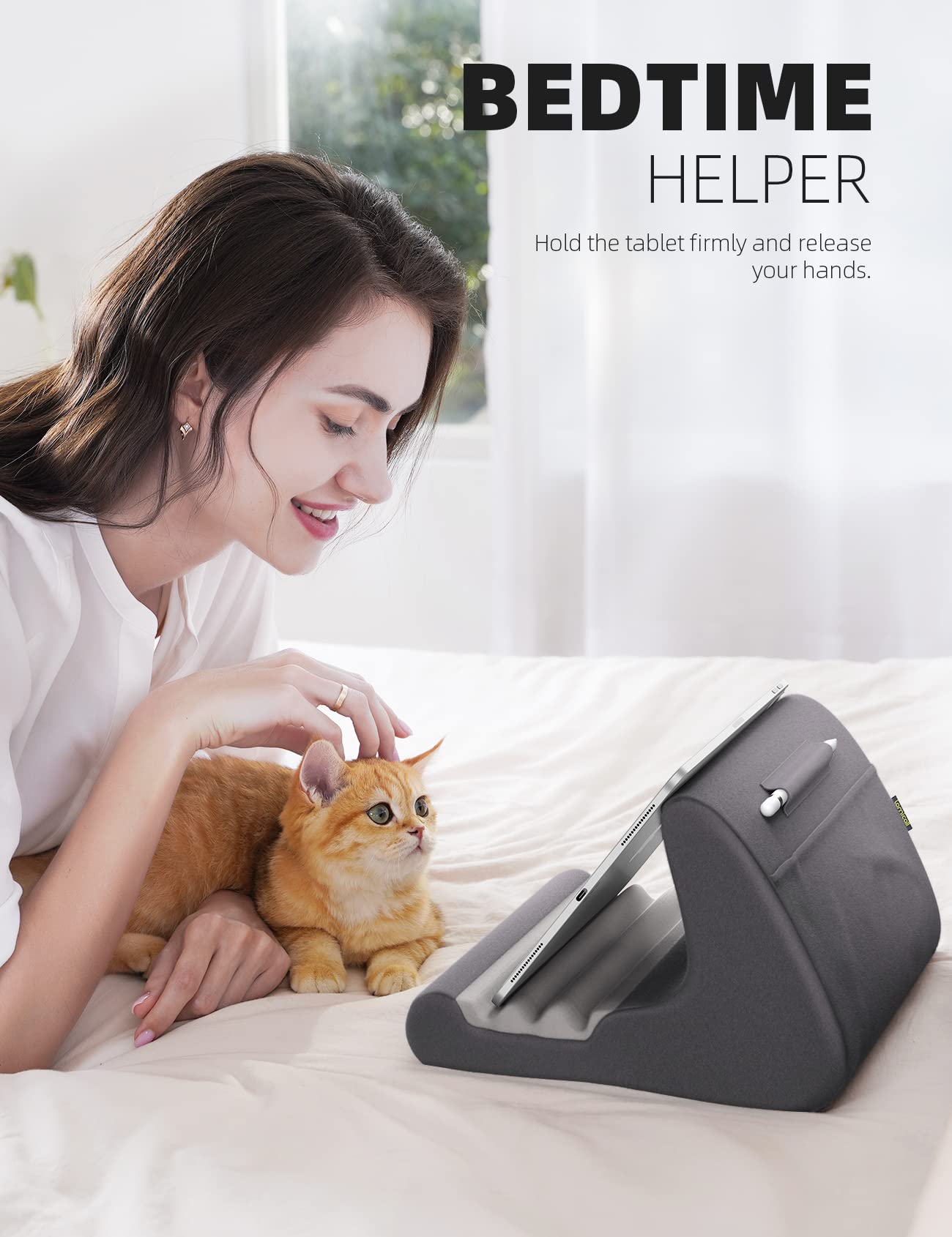 Lamicall Tablet Stand, Tablet Pillow Holder - Soft Pad for Bed, Lap Tablet Dock with Stylus Mount & Pocket, for iPad Pro 12.9, Air, Mini, Kindle, Galaxy Tab and 4-13" Tablet, Dark Grey